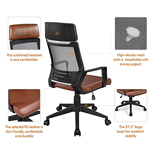 Yaheetech Executive Office Chair, Ergonomic High Back Leather/Mesh Desk Chair with Headrest and Lumbar Support, Swivel Chairs on Wheels/Castors for Home Office, Brown