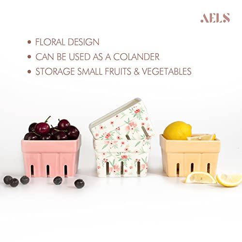 AELS Ceramic Berry Basket, Farmhouse Fruit Bowl Container for Fruit & Vegetables, Farmers Market, Pink Floral Pattern, Kitchen Decor, Stoneware Harvest Bowls, Set of 4