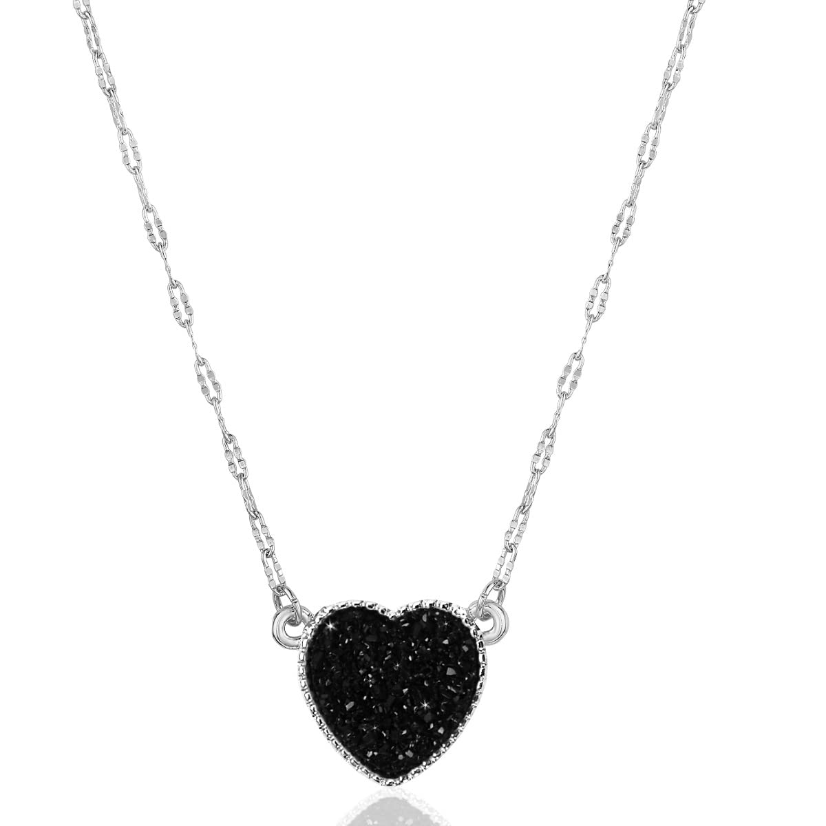 Humble Chic NY Black Heart Necklace, Silver Tone - Women's Preppy Black Necklace, Simulated Druzy Chain, Black Pendant