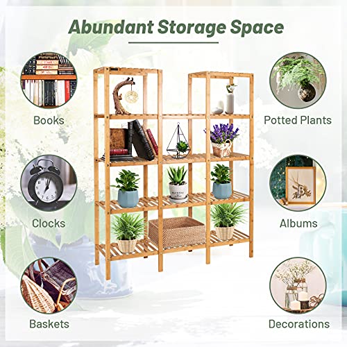 COSTWAY Plant Stand Indoor, 5-Tier Bamboo Plant Display Organizer with Stand for Multiple Plants, Plant Shelf Outdoor for Window, Garden, Balcony, Living Room