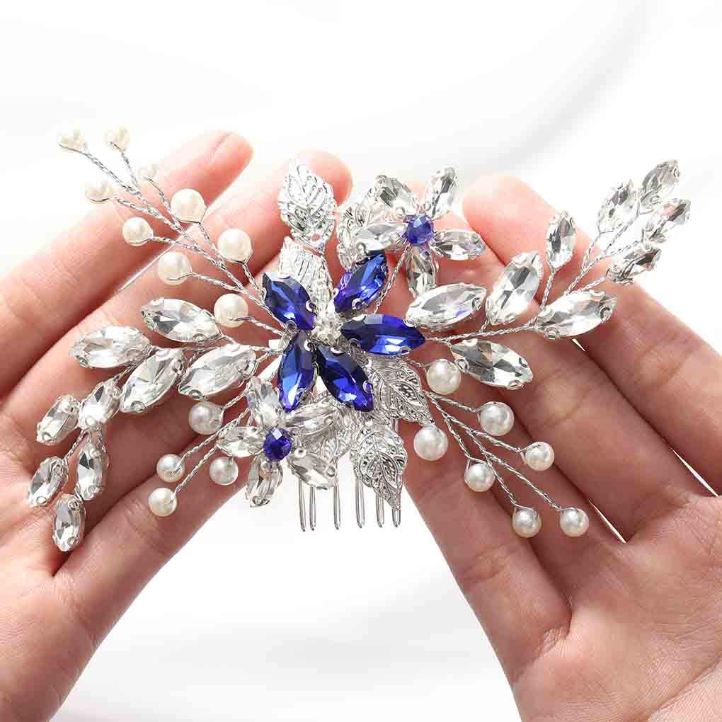 Olbye Wedding Hair Comb Blue Rhinestone Bridal Hair Accessories for Bride and Bridesmaids Wedding Hair Piece Silver