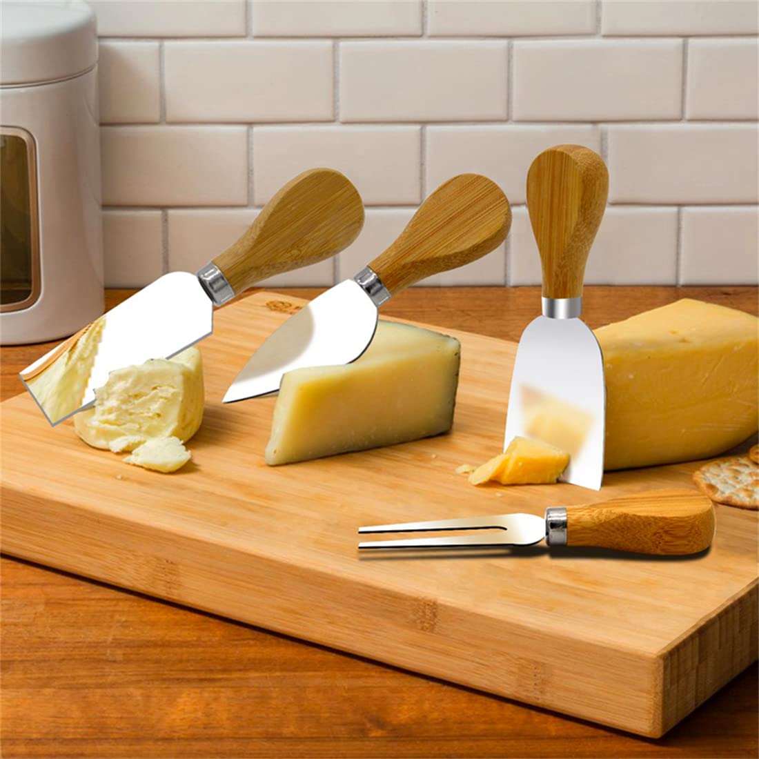 4pcs Cheese Knives Set Cheese Cutlery Steel Stainless Cheese Slicer Wood Handle Mini Knife,Butter Knife,Spatula& Fork Butter Cutter