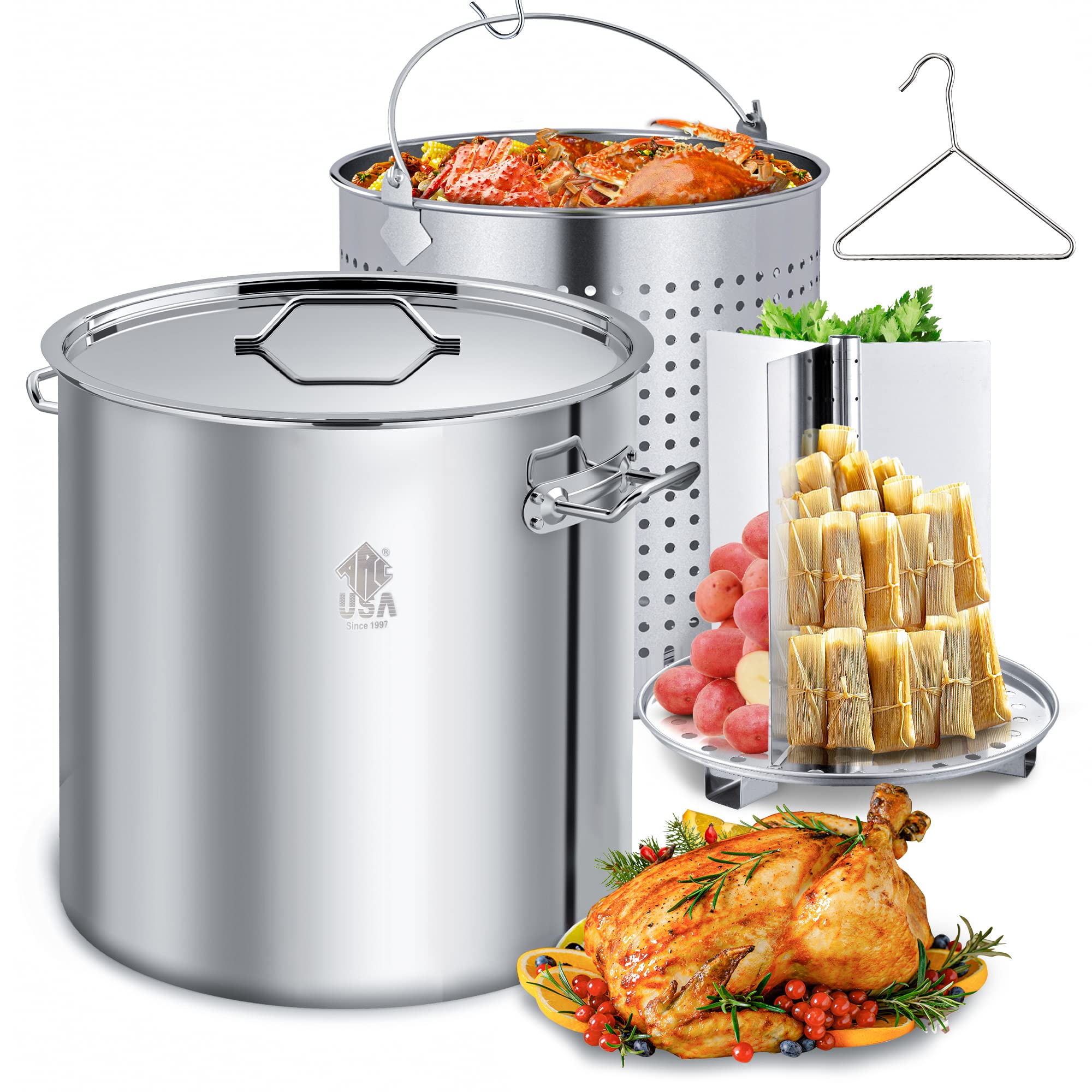 ARC 64-QT Large Stainless Steel Stockpot for Seafood Boiler Crawfish Pot with Basket and Steamer Rack, Outdoor Cooking Pot for Crab Lobster Shrimp Trukey Fryer Boiling, and Tamales Steamer,16 Gal