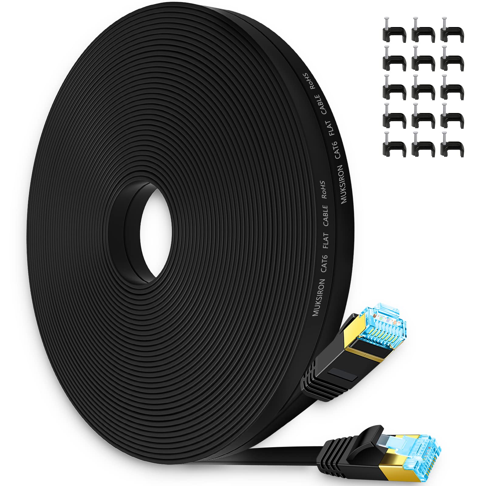 MUKSIRON Cat6 Ethernet Cable 30 ft, Flat - Solid Internet Network LAN Patch Cord – Cat 6 High Speed Computer Wire with Clips & Rj45 Connectors for Router,Modem,PS,Xbox - 30 feet Black