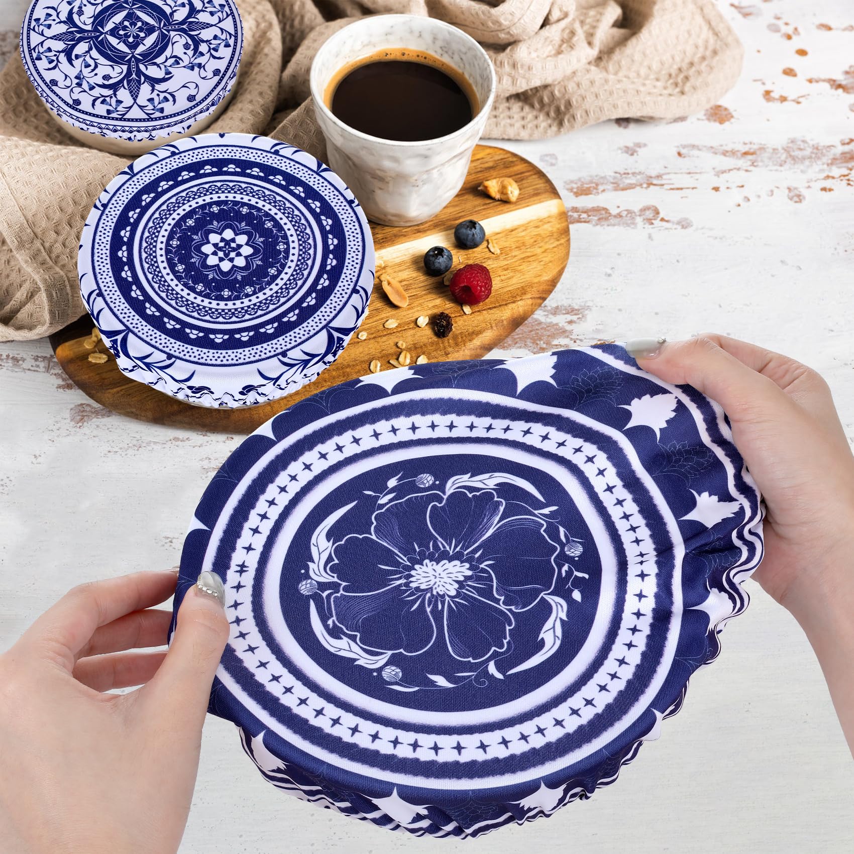 5 Pieces Bowl Covers Reusable, 5 Size Stretch Cloth Bowl Covers for Bread Proofing Cotton Fabric Elastic Bowl Covers Reusable Food Covers Washable for Food Fruits Leftover (Blue)