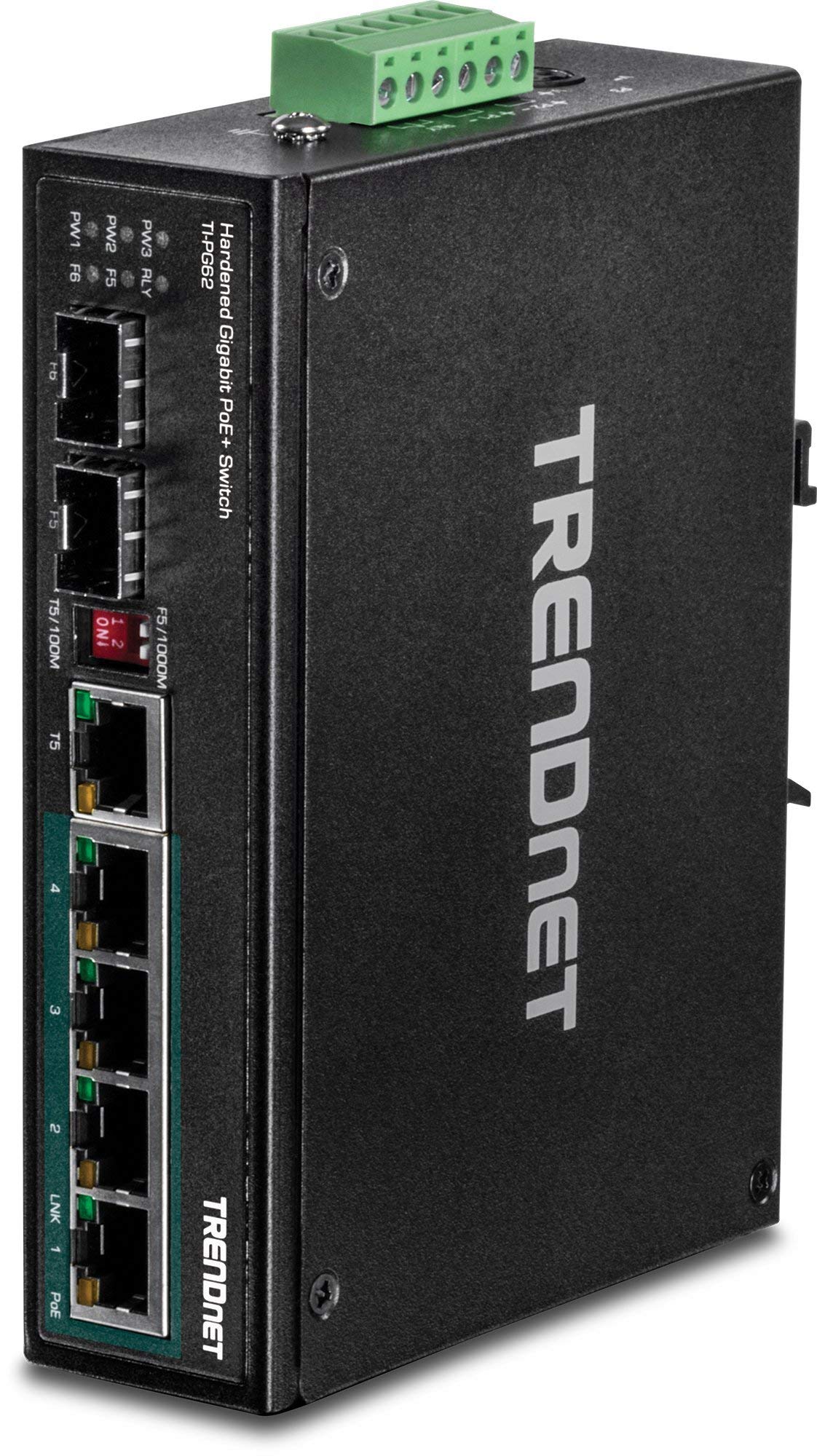 TRENDnet 6-Port Hardened Industrial Gigabit PoE+ DIN-Rail Switch,TI-PG62,4 x Gigabit PoE+ Ports, 1 x Shared Gigabit Port (RJ-45/SFP), 1 x Dedicated SFP, 120 W Power Budget, IP30,(Renewed)