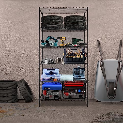 6-Shelf Adjustable Heavy Duty Storage Shelving Unit, Metal Organizer Wire Rack for Laundry Bathroom Kitchen Pantry Closet No Wheels, Black