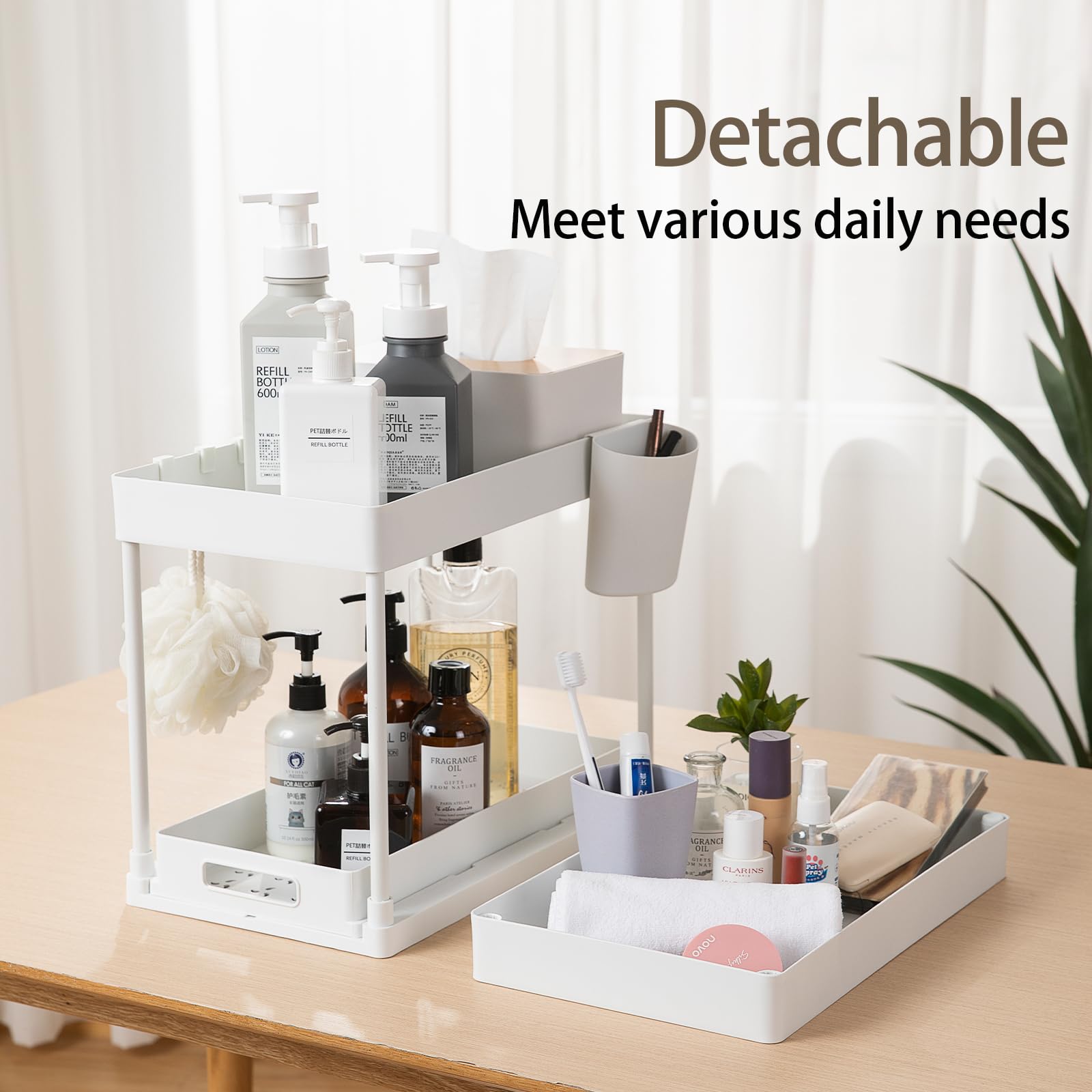 3 Tier Rolling Utility Cart with Drawers, Art Cart, Slide Out Bathroom Organizer with Lockable Wheels, Storage Trolley Cart with 1 Hanging Cups & 3 Hooks for Kitchen Office Laundry (3 Story, White)