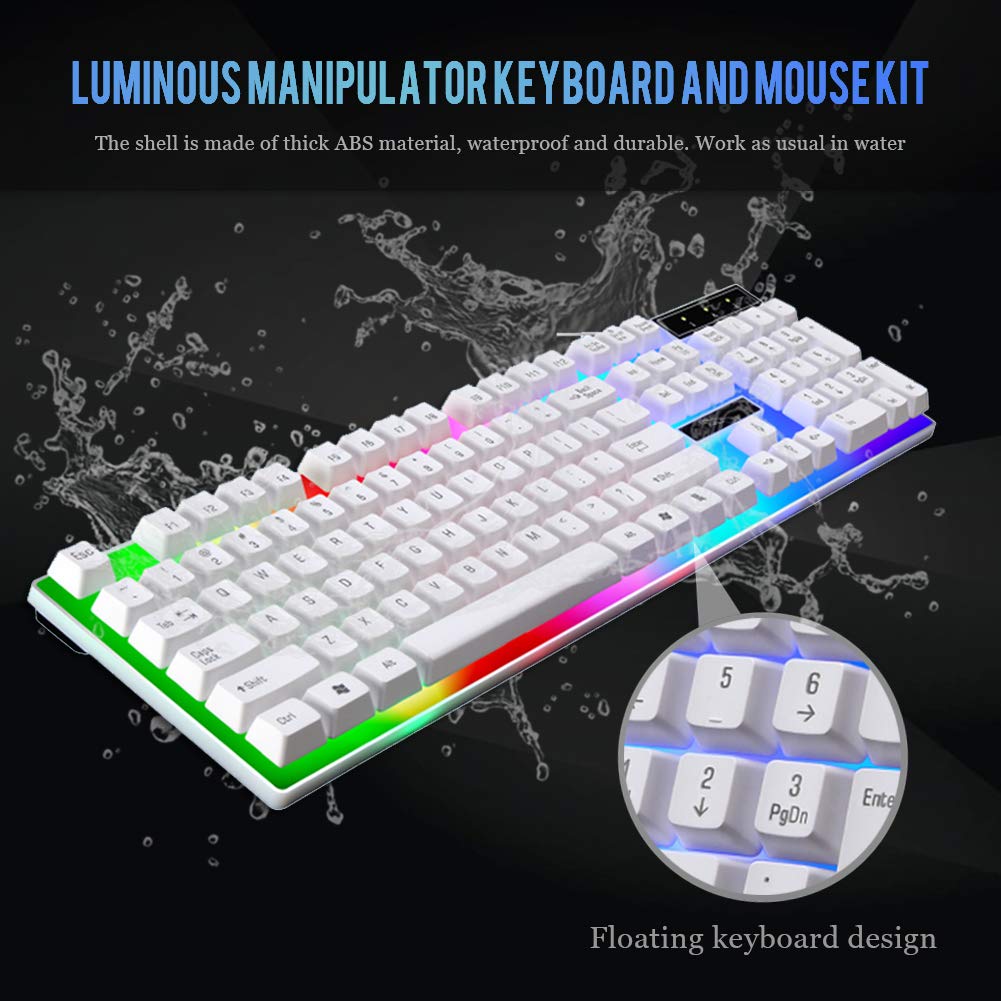 BenRan Wired Gaming Keyboard Rainbow Backlit Mechanical Keyboard Mouse Combo, LED 104 Keys USB Ergonomic Keyboard, Mouse for PC Gamer(White)