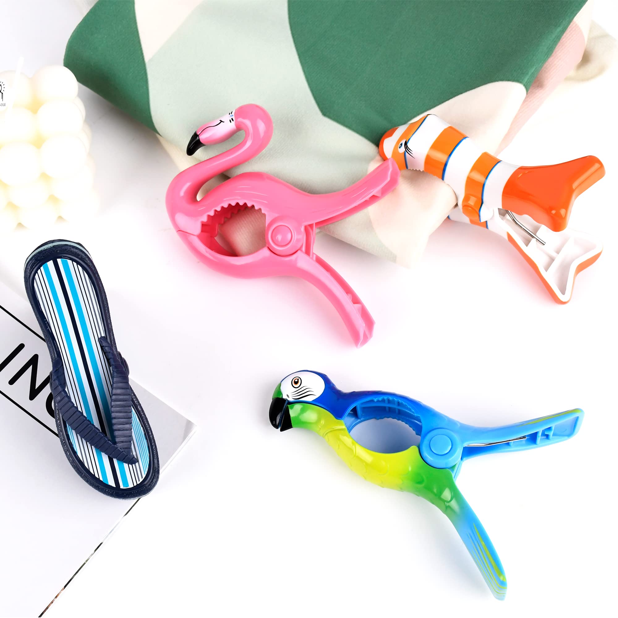 8 Pack Clips for Beach Chairs-Durable and Big Towel Clips, Peg Clips with Colorful Parrot and Pink Flamingo Shape, Creative Beach Towel Clip for Family Use, Portable During Travel.