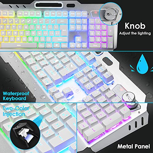 Wireless Gaming Keyboard and Mouse,16 Kinds RGB LED Backlit Rechargeable Keyboard Mouse with 4800mAh Battery Metal Panel,Mechanical Feel and Gaming Mute Mouse for PC Gamers(White RGB Backlit)