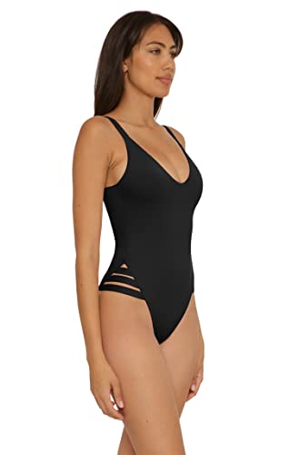 Becca by Rebecca Virtue Women's Standard Color Prism High Leg One Piece Swimsuit-Scoop Neck, Open Back Design, Bathing Suits, Black, Small
