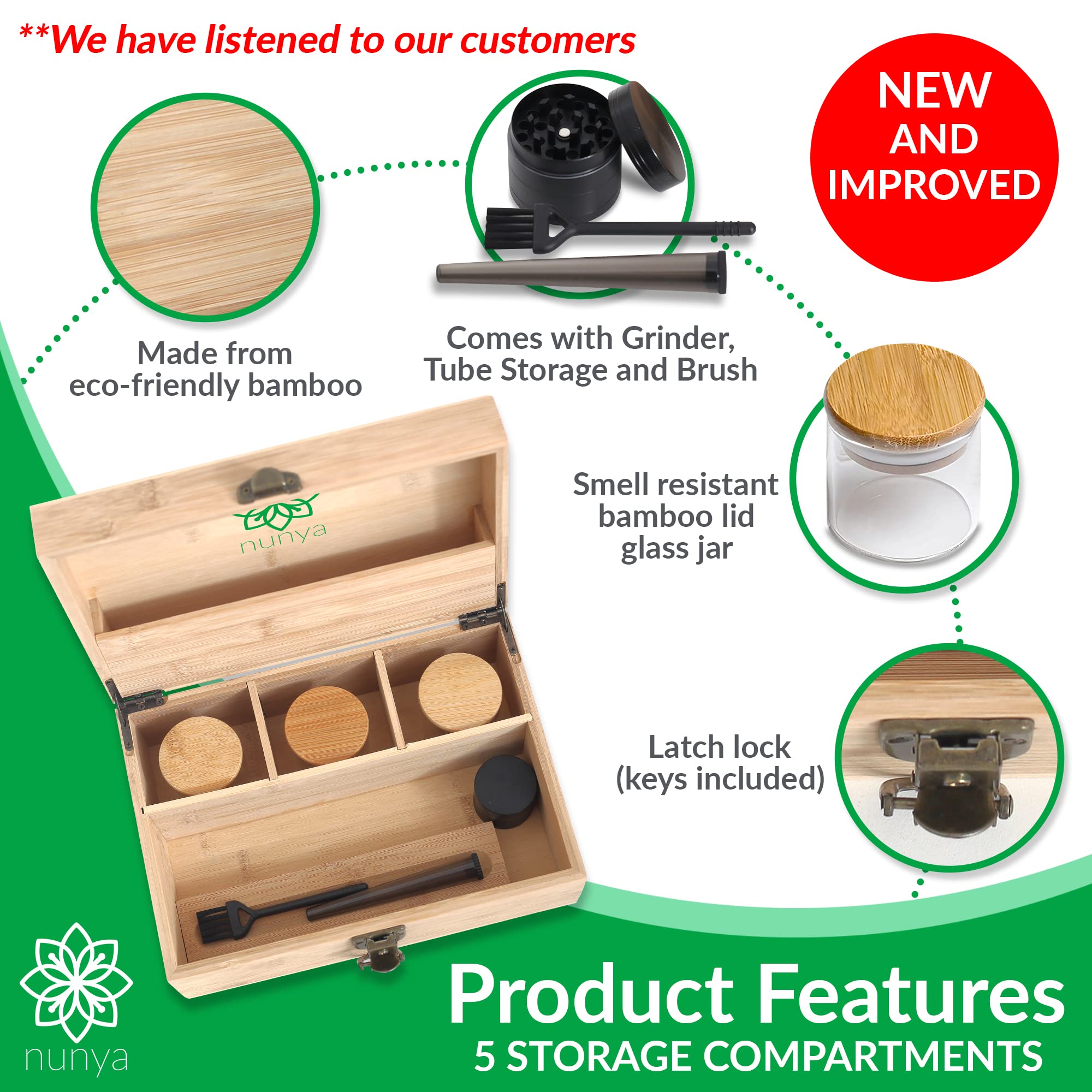 Improved. Nunya Large Storage Box for Herbs with Accessories, a Storage Container with Accessories, 5 pc kit w/ 3 Glass Jars and Rolling Tray