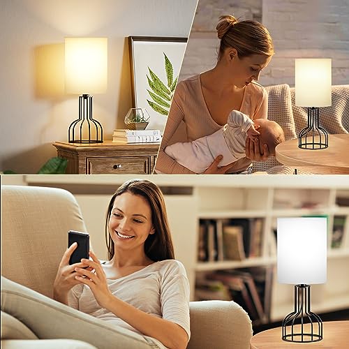 Bedside Table Lamp for Bedroom - Small Lamp with 3 Color Modes-3000K-4000K-5000K Nightstand Lamp with Simple Black Metal Base and White Fabric Shade for Kids, Living Room,Bedroom (LED Bulb Included)