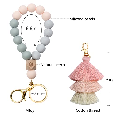 Bisanzoya Beaded Keychain with Tassel, Silicone Key Ring Bracelet, Boho Car Key Chain Wristlet Cute Tassel for Women and Girls (Pink)