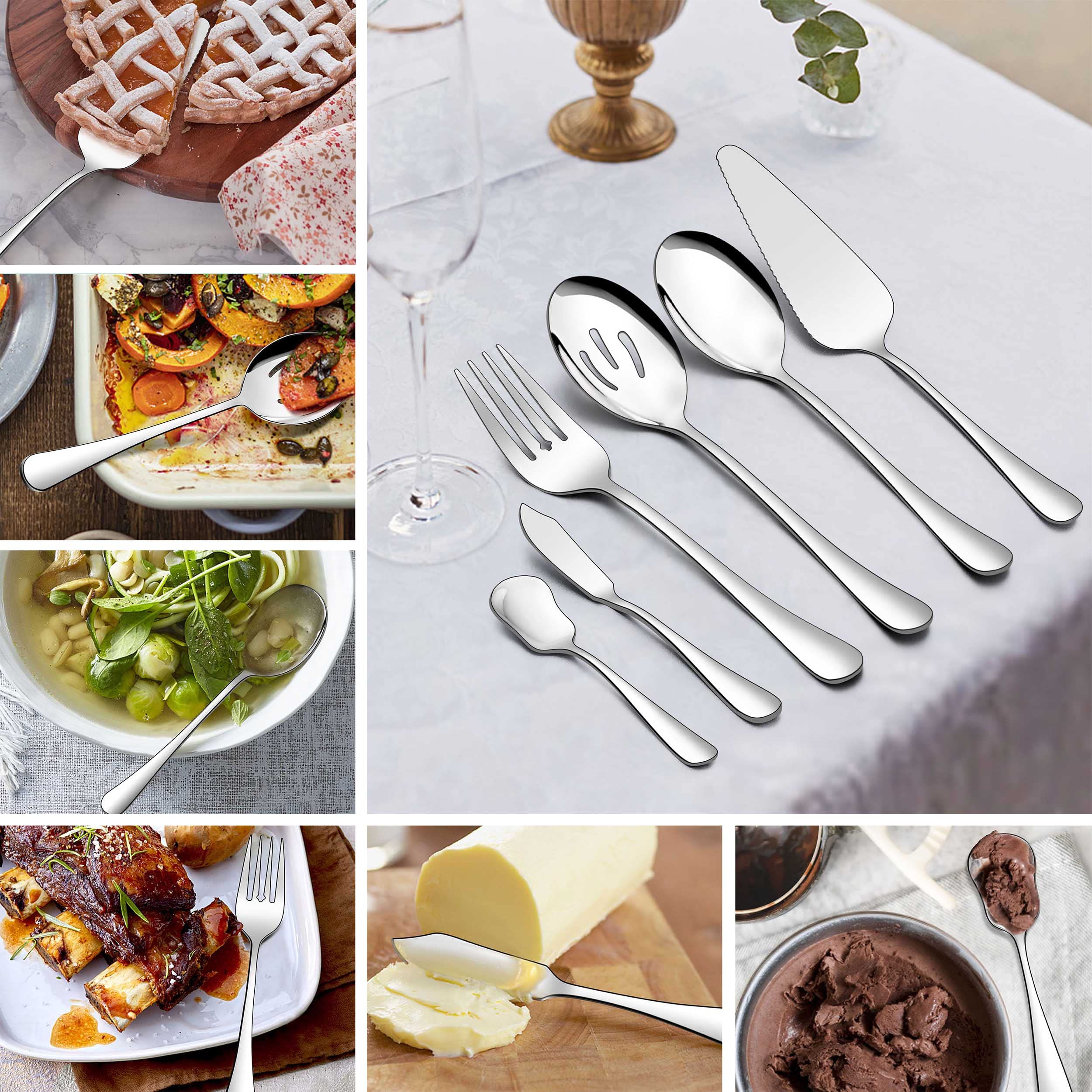 Homikit 6 Pieces Serving Utensils, Stainless Steel Serving Hostess Set, Metal Serving Silverware with Serving Spoons Fork, Pie Server, Butter Knife, Ice Cream Spoon, Mirror Polished, Dishwasher Safe