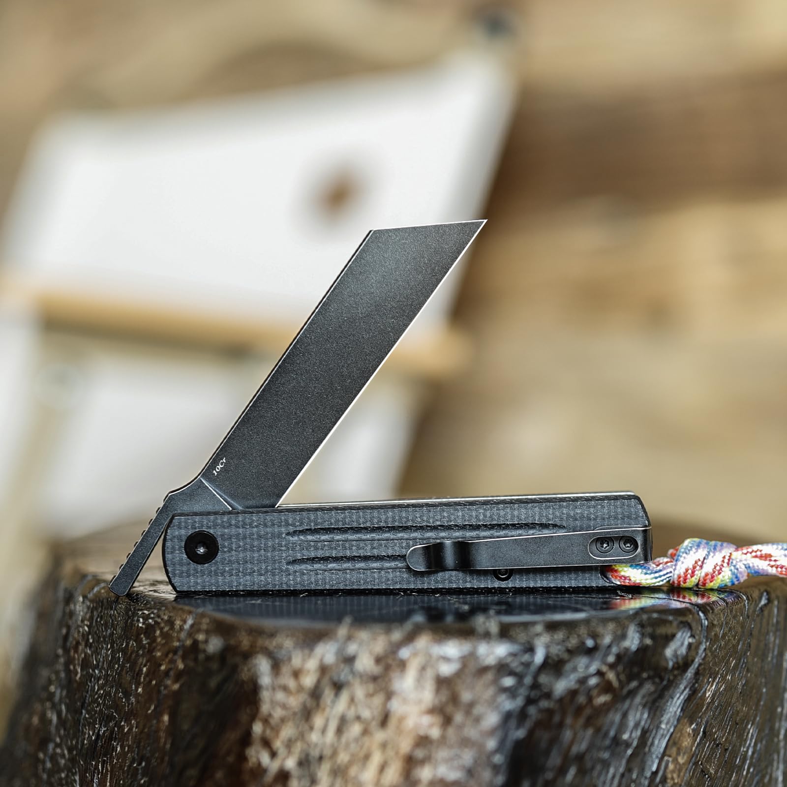 TRIVISA Camping Pocket Knife，Japanese Style Folding Hunting Knives for Men,Stone Wash 3.2in 10Cr15CoMoV Blade Green Micarta Handle EDC Box Cutter Deep Carry Clip,Hydra-04G