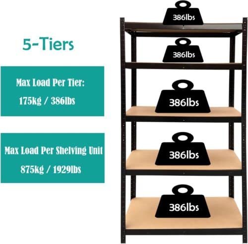 Heavy Duty 5 Tier Garage Shelving Units, Boltless Metal Storage Shelves Shed Utility Rack,175KG Per Shelf,Adjustable Shelving Unit Shed Warehouse Workshop Office Storage Shelves,Multipurpose Shelf