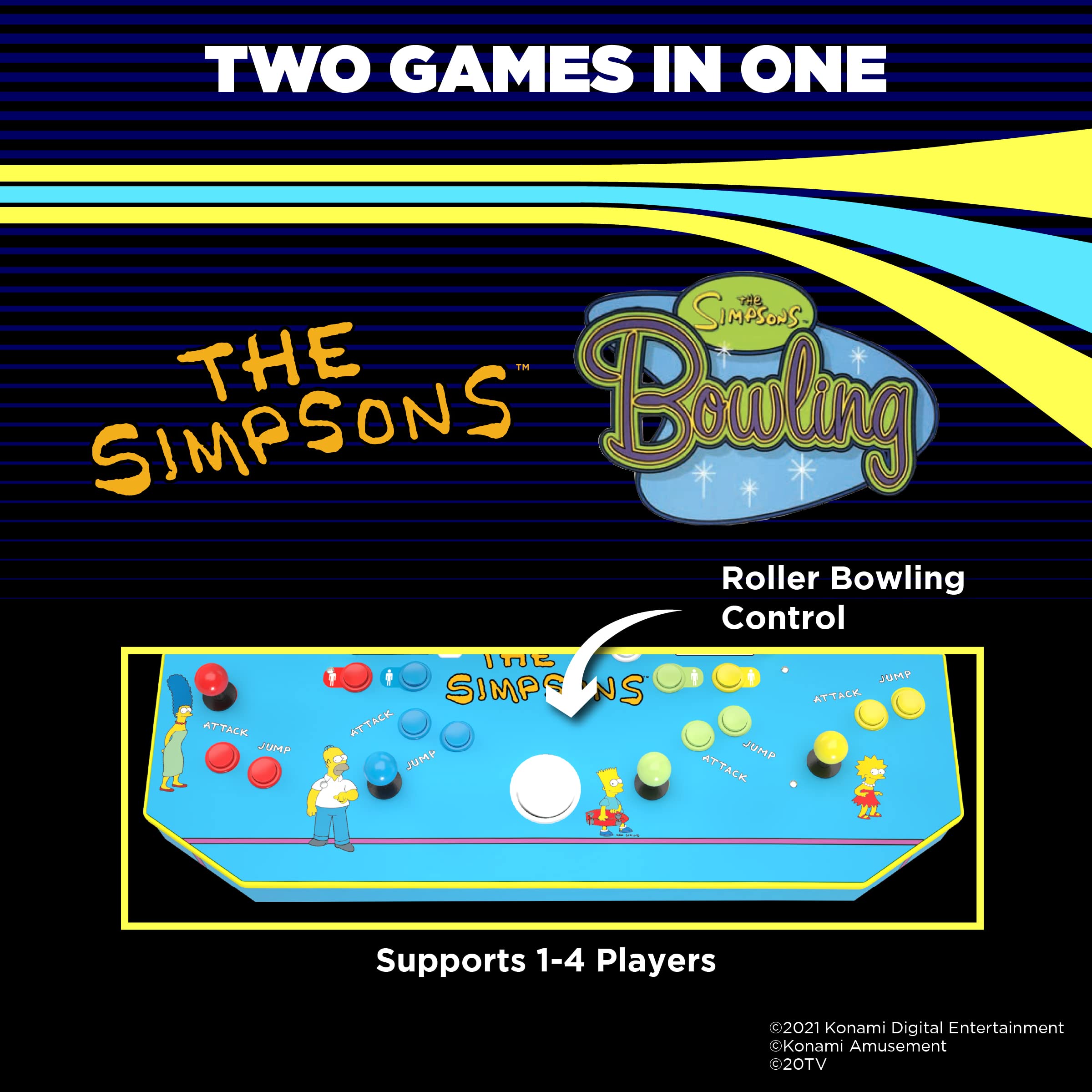 Arcade1Up The Simpsons Arcade Machine, 4-Foot β 4 Player Arcade Game Machine for Home, Live WiFi Enabled β Includes Custom Arcade Game Riser, Adjustable Stool, Light-Up Marquee, and Tin Wall Sign