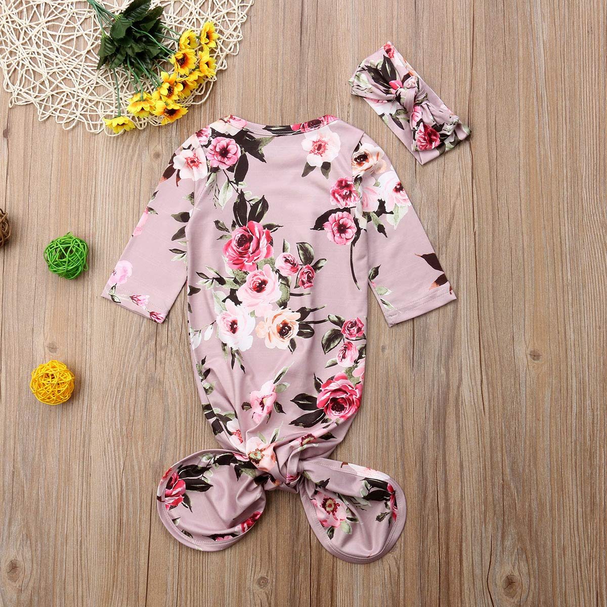 Mubineo Infant Newborn Baby Floral Sleeping Bag Swaddle Blanket with Headband Outfits (Grey, 0-6 Months)