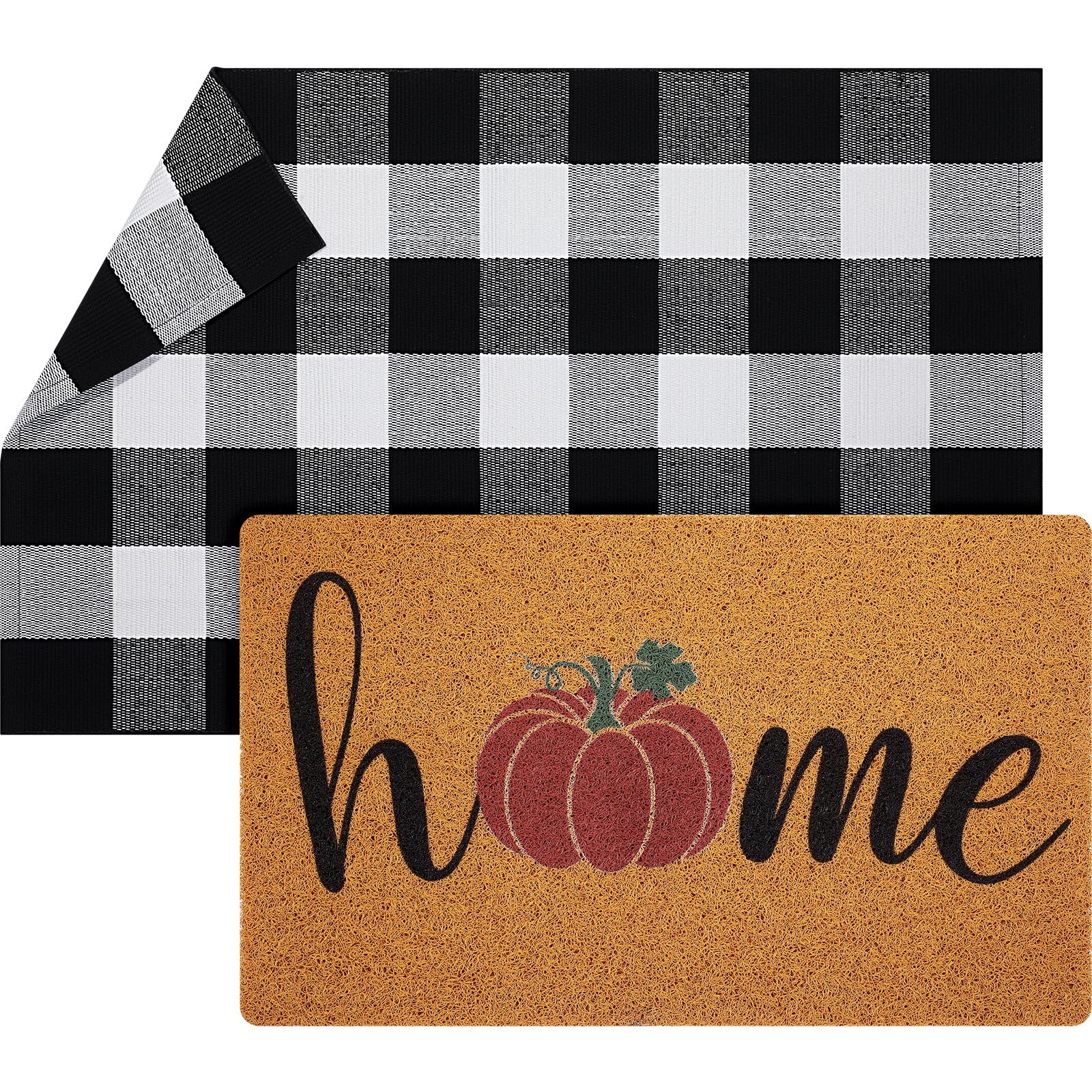 Geelin 2 Pcs Fall Home Door Mat Pumpkin Welcome Mat Thanksgiving Front Door Mat Outdoor Decorative Doormat Non Slip Black White Buffalo Checkered Rug Door Entrance Mat for Indoor Outdoor