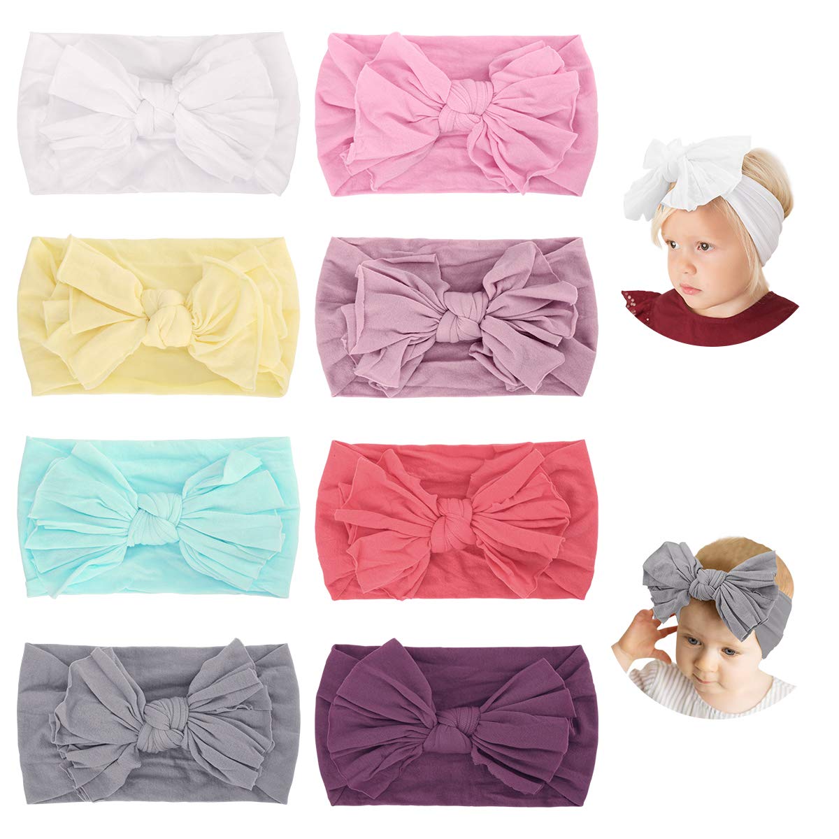 Makone 8pcs Baby Girls Headbands with Bows, Nylon Stretchy Hair Bands Hair Bow Elastics Hair Accessories for Newborn Baby Infant Toddlers Kids