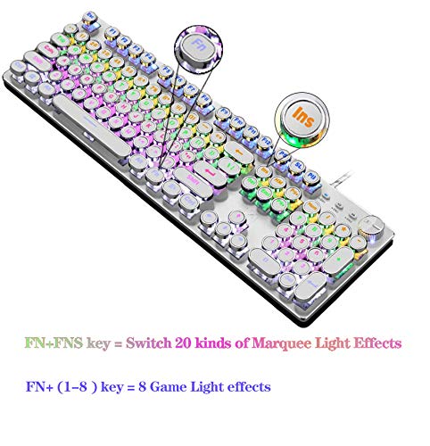 Mechanical Keyboard LED Backlit Retro USB Keyboard -Blue Switch - Retro Style and Round Keycaps -104 Keys Vintage Steampunk Gaming Multimedia Macro Program Keyboard (Black)
