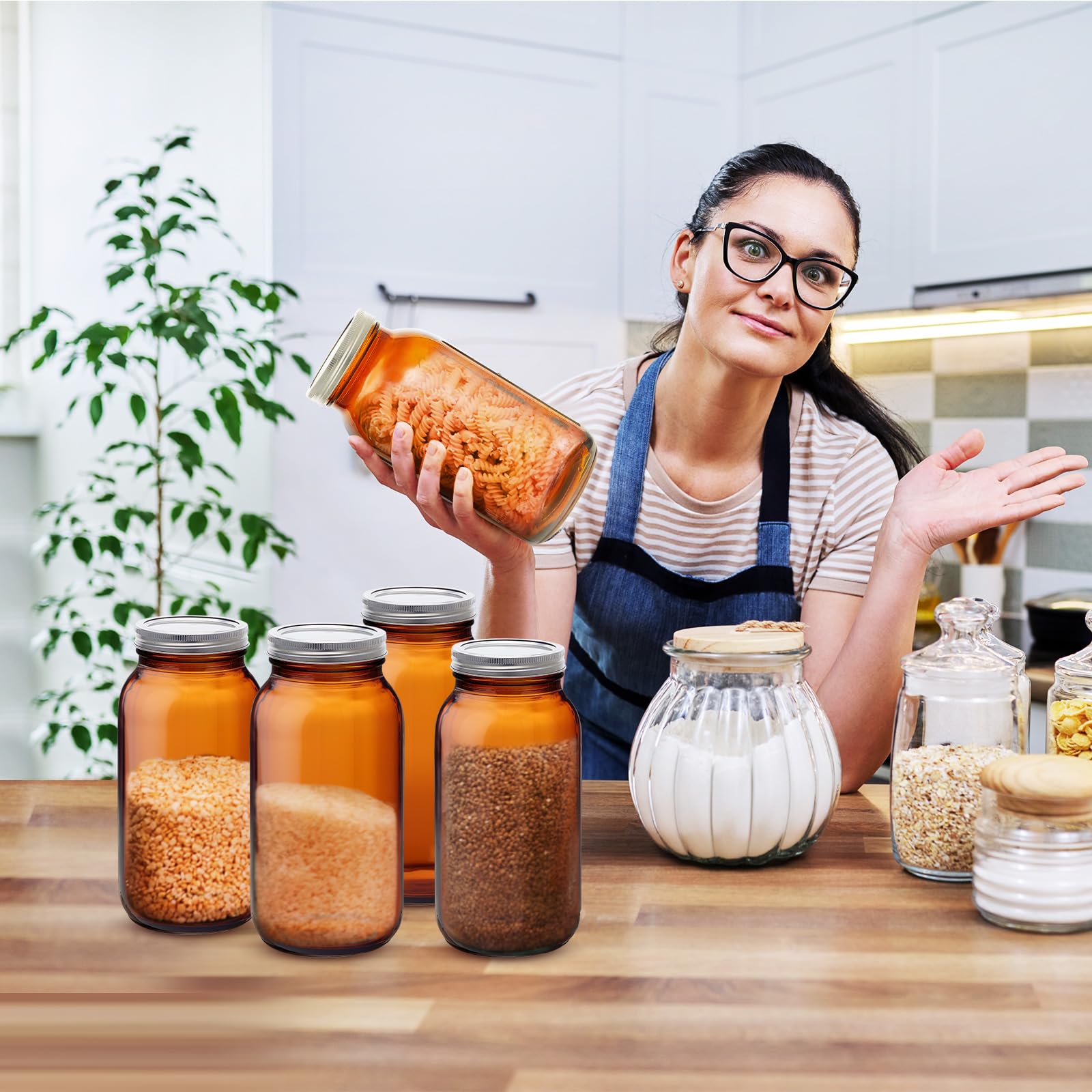 6 Pieces 64 oz Amber Glass Mason Jars Glass Mason Jars Amber Canning Jar Container Set Embossed Half Gallon Fermenting Jars with Airtight Lids for Canning Freezing Preserving Beverages Jar Decor