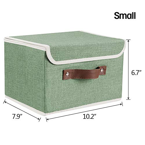 Lucky Monet 2 Pack Linen Fabric Foldable Storage Bin Set Collapsible Storage Box Cube Closet Organizer with Lid & Faux Leather Handle, 10βx8βx7β (Green)