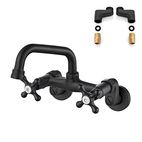 Airuida Matte Black Wall Mount Kitchen Faucet, 6 Inch(15cm) Spout Wall Mount Laundry Sink Faucet, Adjustable Center Double Handles Hot and Cold Water Mixer Tap 360 Rotatable Restaurant Faucet