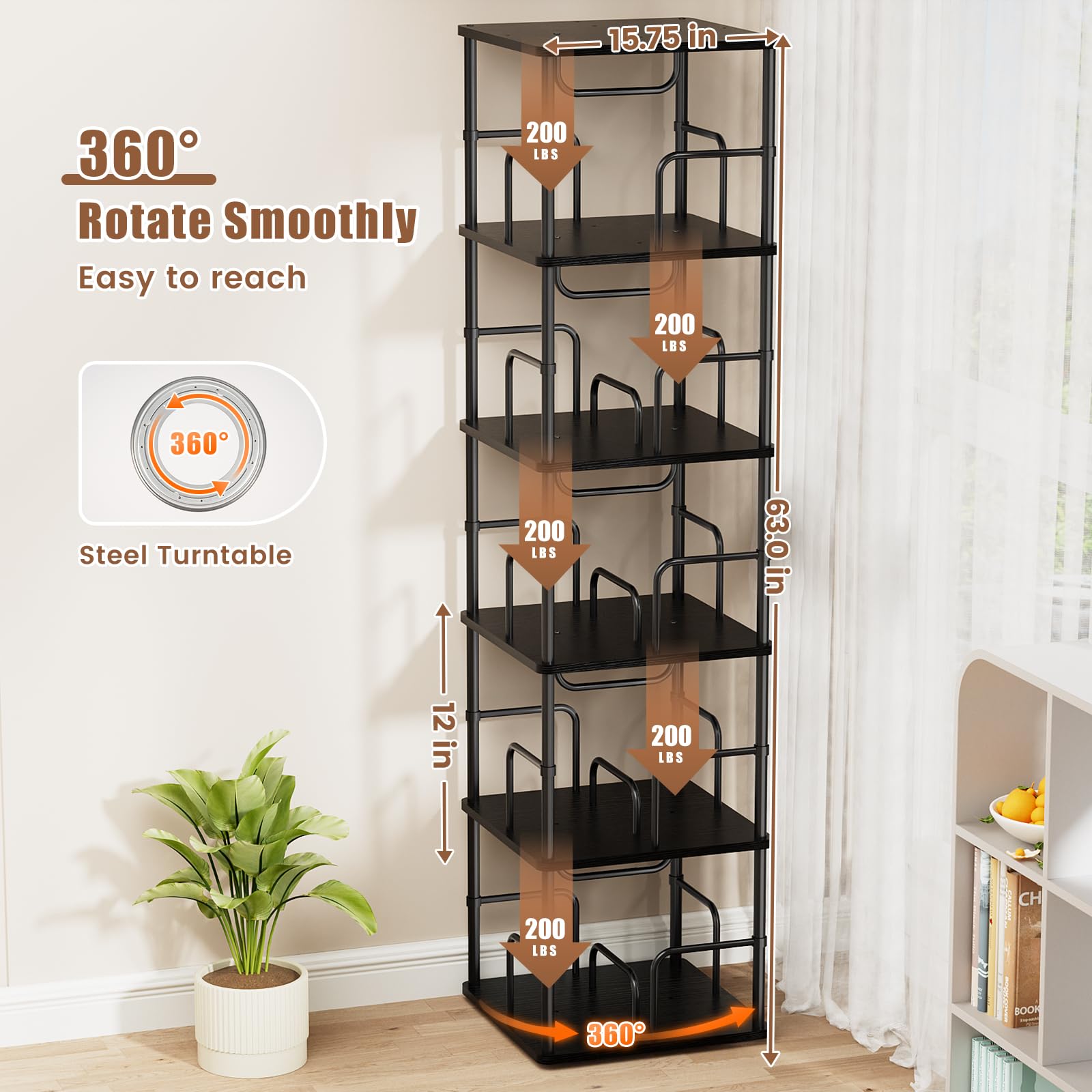 5 Tier Square Rotating Bookshelf, 360 ° Display Stackable Spinning Bookshelf Tower, Space Saving Tall Floor Standing Swivel Bookcase Corner Storage Organizer for Bedroom, Living Room, Rustic Brown