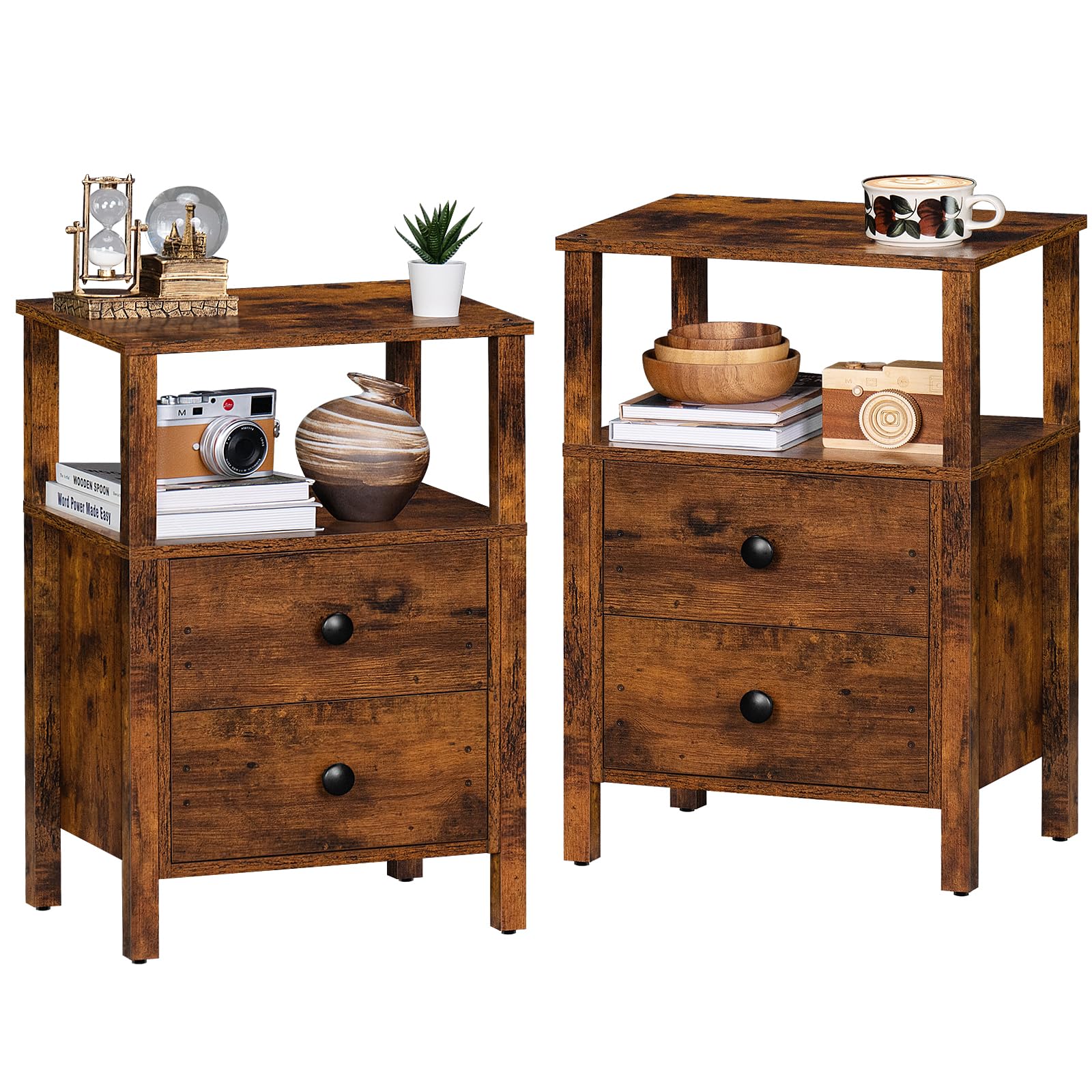 Lerliuo Night Stand Set of 2, Small Nightstand with 2 Wood Drawers and Storage Shelf, Rustic Bedside Table with Wooden Frame, Brown Couch Bed Side Tables for Small Spaces, Nightstands for Bedroom