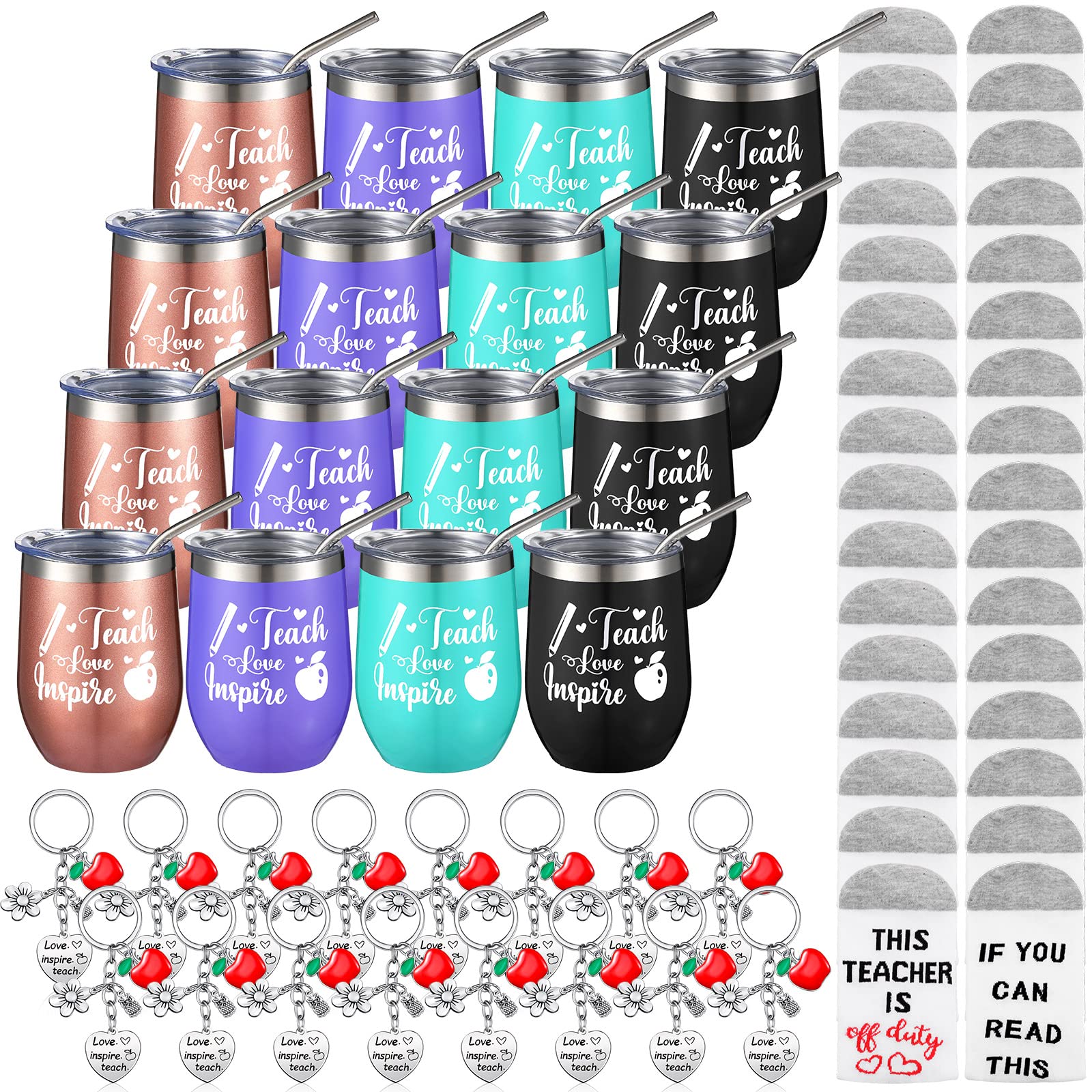 48 Pcs Teacher Appreciation Christmas Gifts in Bulk for Women 12 oz Stainless Steel Wine Tumblers Set Teacher Keychain and Sock for Thanks Teacher End of Year Gift(Teal, Rose Gold, Purple, Black)