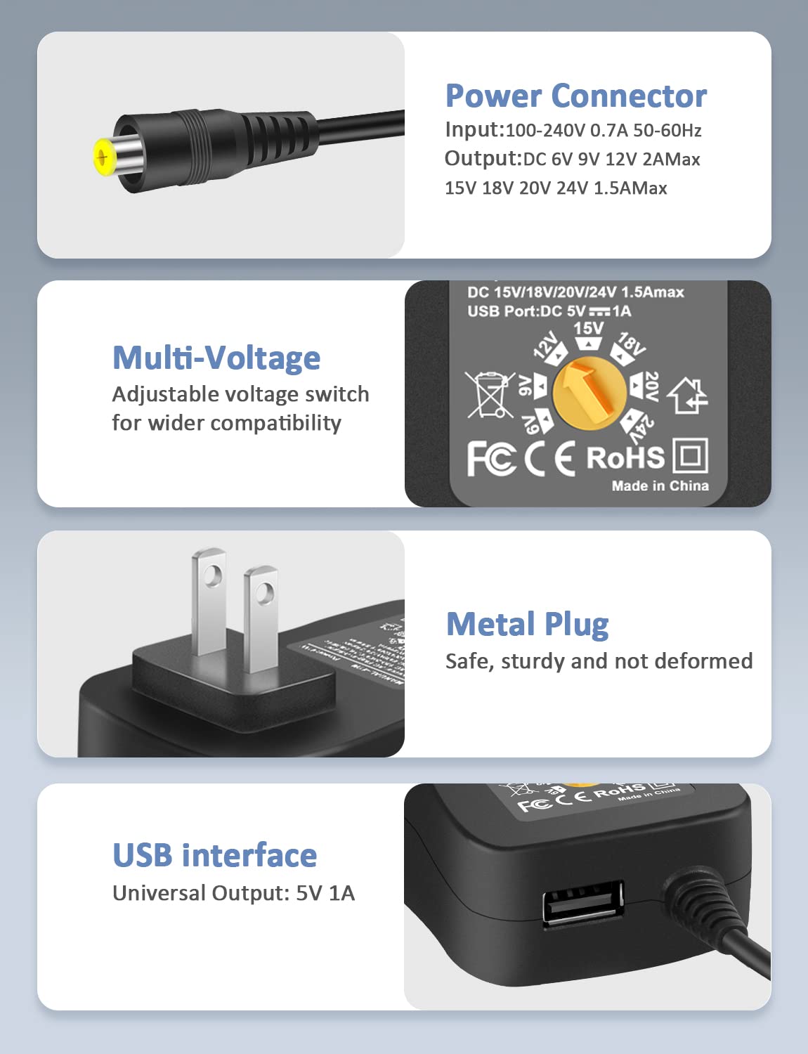 41W AC Adapter, Universal AC DC Power Adapter, AC/DC Power Supply 100-240V 50/60HZ 6V 9V 12V 2A 15V 18V 20V 24V 1.5A Adjustable Switching Adapter with 8 Tips for LED Strip Light, Camera,Router,Speaker