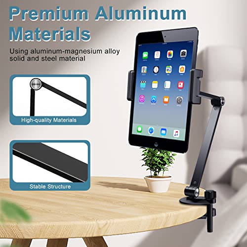 ZEXMTE Tablet Stand Holder, Adjustable Desktop Tablet Holder Mount Foldable Phone Stand with 360° Swivel Phone Clamp Mount Holder,Stable Tablet Stand for iPad 4.7-12.9" Tablets/Phones-Black