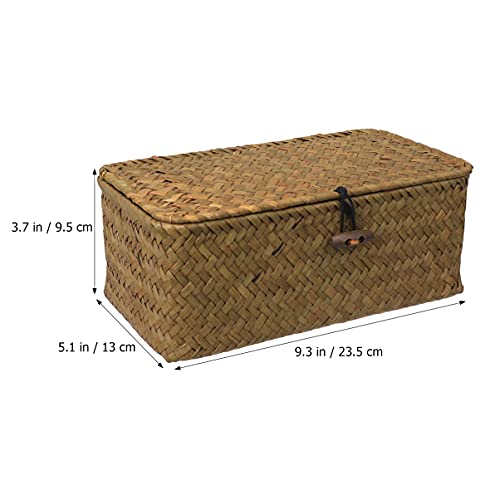 Alipis Desktop Stand Storage Drawers Straw Basket with Lid Seagrass Storage Basket Bins, Desktop Makeup Organizer Sundries Storage Box Rattan Lidded Box Shelf Bracket Small Basket