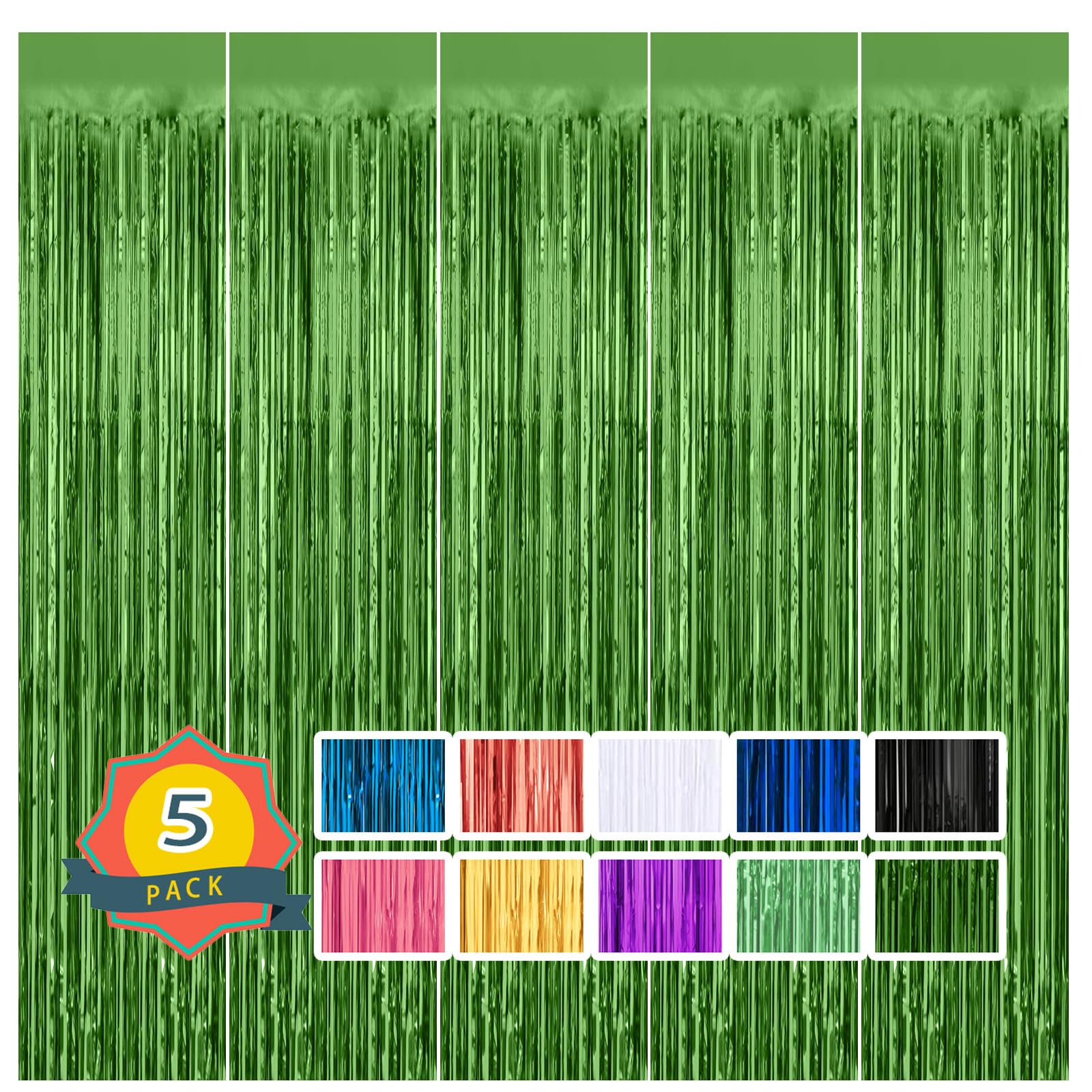 PABUES 5 Pack 3.3x9.9 Feet Green Foil Fringe Backdrop Curtains, Tinsel Streamers Birthday Party Decorations, Fringe Backdrop for Graduation, Baby Shower, Gender Reveal, Disco Party