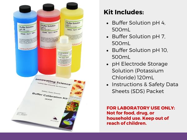 ALDON Innovating Science pH Calibration Solution 4.00, 7.00, 10.00 & pH Electrode Storage Solution, 500ml - 16.9oz (Pack of 4) - Premium pH Buffer Solution Kit