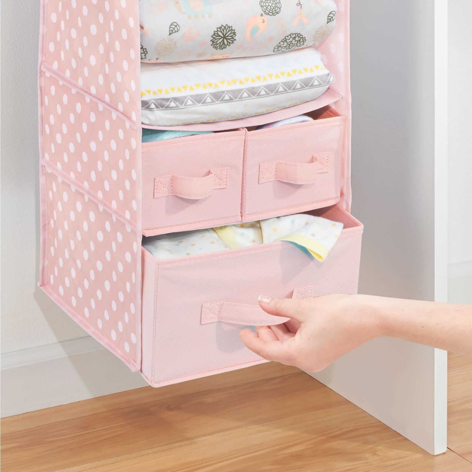 mDesign Fabric Hanging Organizer - Over Closet Rod Storage, 7 Shelves/3 Removable Drawers for Baby Nursery Bedroom Organization - Hold Clothes, Linens, Toys, Accessories, 2 Pack, Pink/White Polka Dot