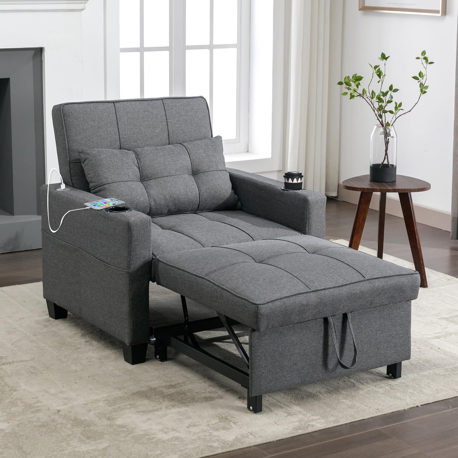 Purgreen Linen Sofa Futon Chair, Convertible 3-in-1 Pull Out Sleeper Chair Bed with USB Ports and Complimentary Pillow - Elegance, Comfort and Versatility in One, Grey