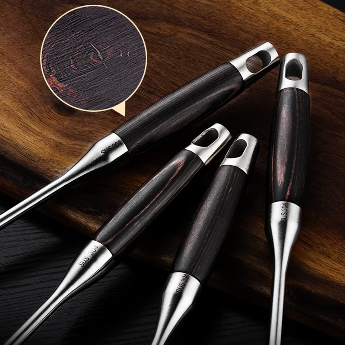 304 Stainless Steel kitchen utensils set 4 Pcs Cooking Utensil, Spatula,Soup spoon,Leaking shovel,Colander Heat Resistant Wooden Handle Kitchen Tools (Black4T)