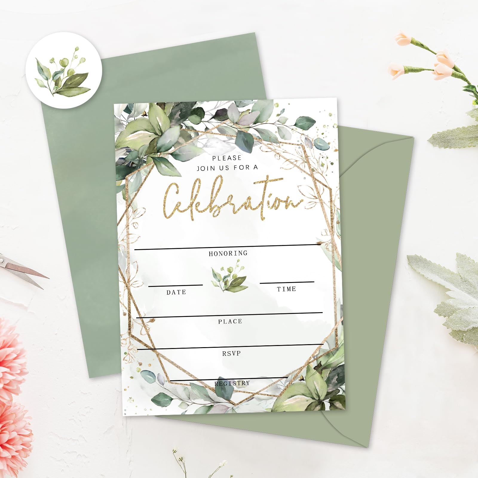 Whaline 25 Sets Greenery Invitations with Envelopes Stickers Watercolor Eucalyptus Leaves Invitation Cards Green Leaves Blank Invites for Wedding Bridal Baby Shower Birthday, 5 x 7 Inch