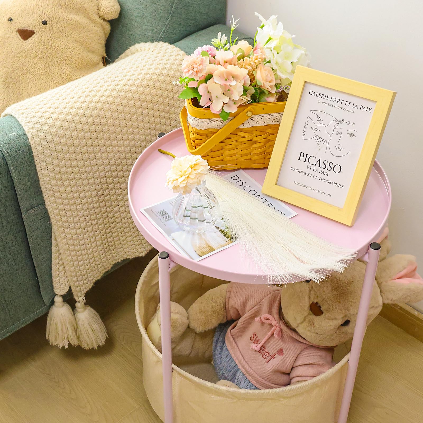Fixwal Round Side Table, Bedside Table, Pink Nightstand, Metal Side Table with Fabric Storage Basket, Small End Table with Removable Tray, Dresser for Kids Bedroom, Nursery, Laundry