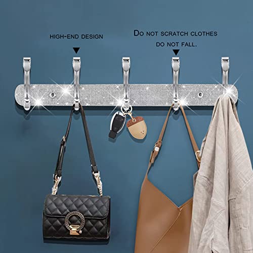 BlackFish Coat Rack Wall Mount,Shiny Silver Rhinestones Wall Mounted Coat Rack 5 Hooks,Key Hooks Decorative for Wall,Double Coat Hook Wall Hook Rack Suitable for Coat Hat Towel Purse Robes(1 Pcs
