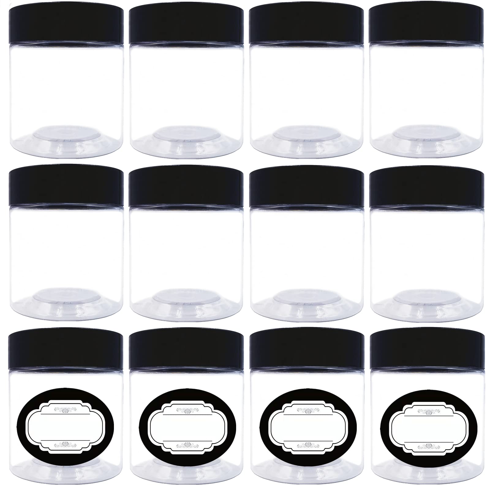 4oz Plastic Jars with Lids,12 Labels,Refillable Empty Round Containers,Pack of 12, Perfect for Cosmetic,Kitchen,Body Scrubs,Lotion,Personal Care Products and more