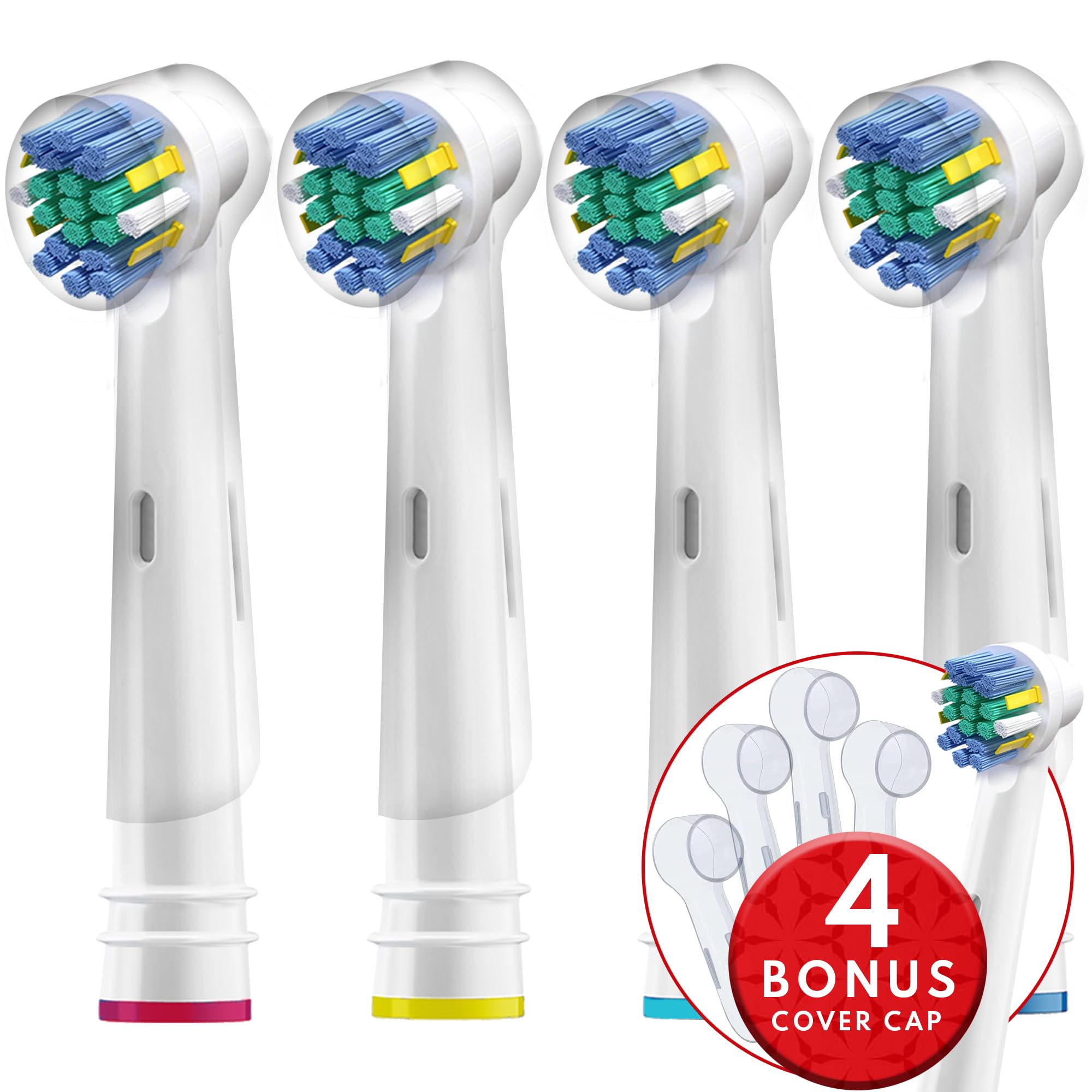 Replacement Brush Heads Compatible with Oral B Floss Action, Oral-B Braun 4 Pack + 4 Bonus Cover Cap. Compatible w/Vitality Floss Action, Oral-B 7000, 9000, Pro 1000, Kids