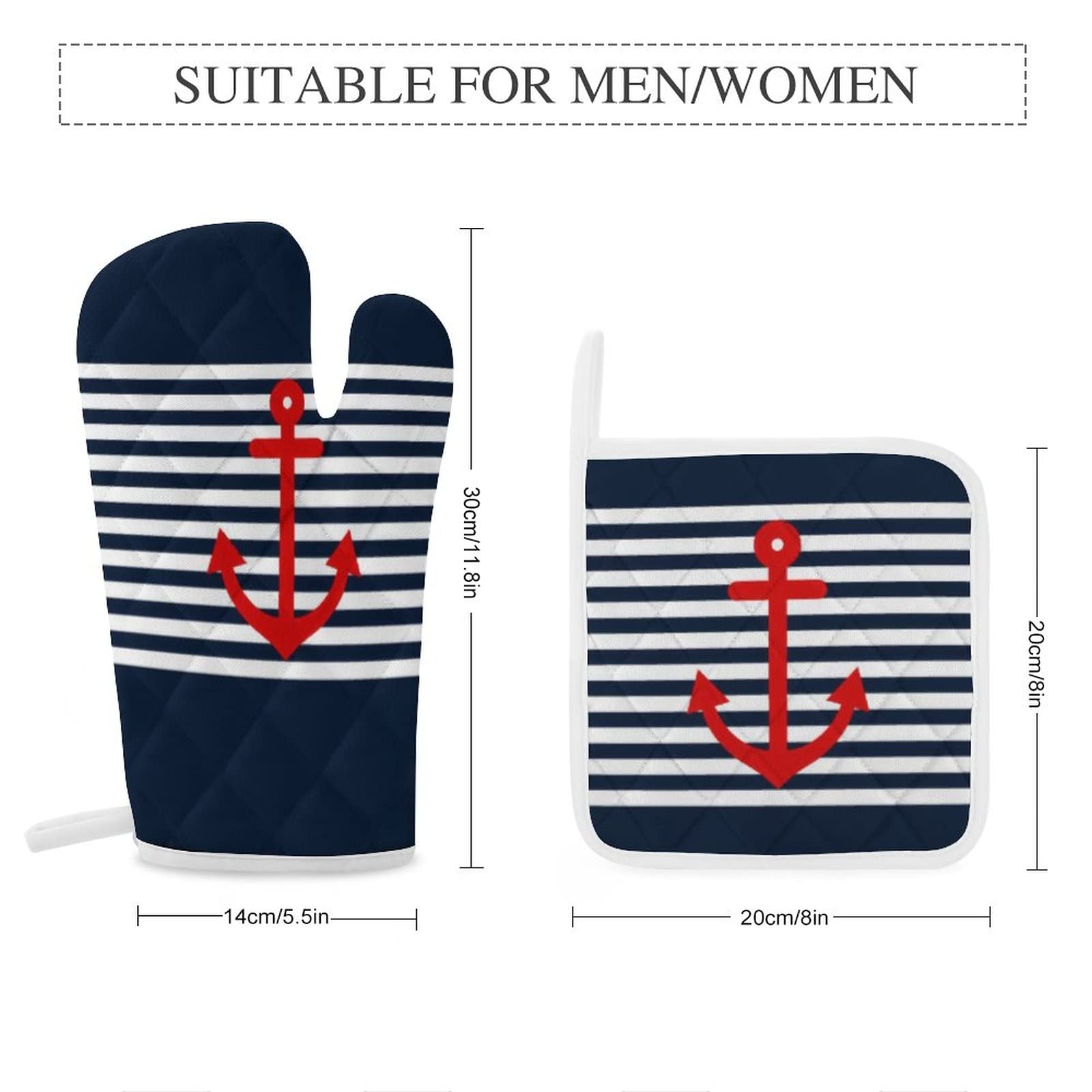4PCS Oven Mitts Glove Kitchen Heat Resistant Pot Holders Set Navy Blue Nautical Kitchen Microwave Oven Gloves Mitts Anti-Scald Baking Cooking Gloves