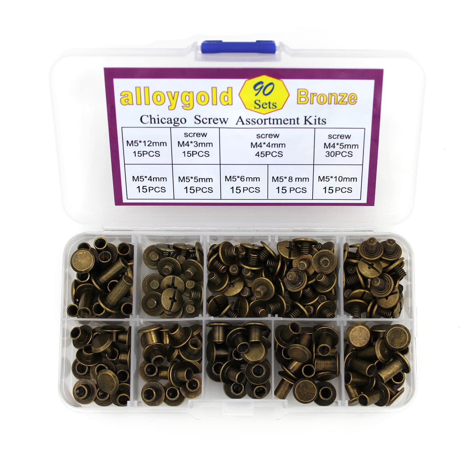 90 Sets Bronze Chicago Screws Leather Assorted Kit ,6 Sizes of Screw Rivets for Leather Rivet for DIY Leather Craft and Bookbinding (M5 X 4, 5, 6, 8, 10, 12)
