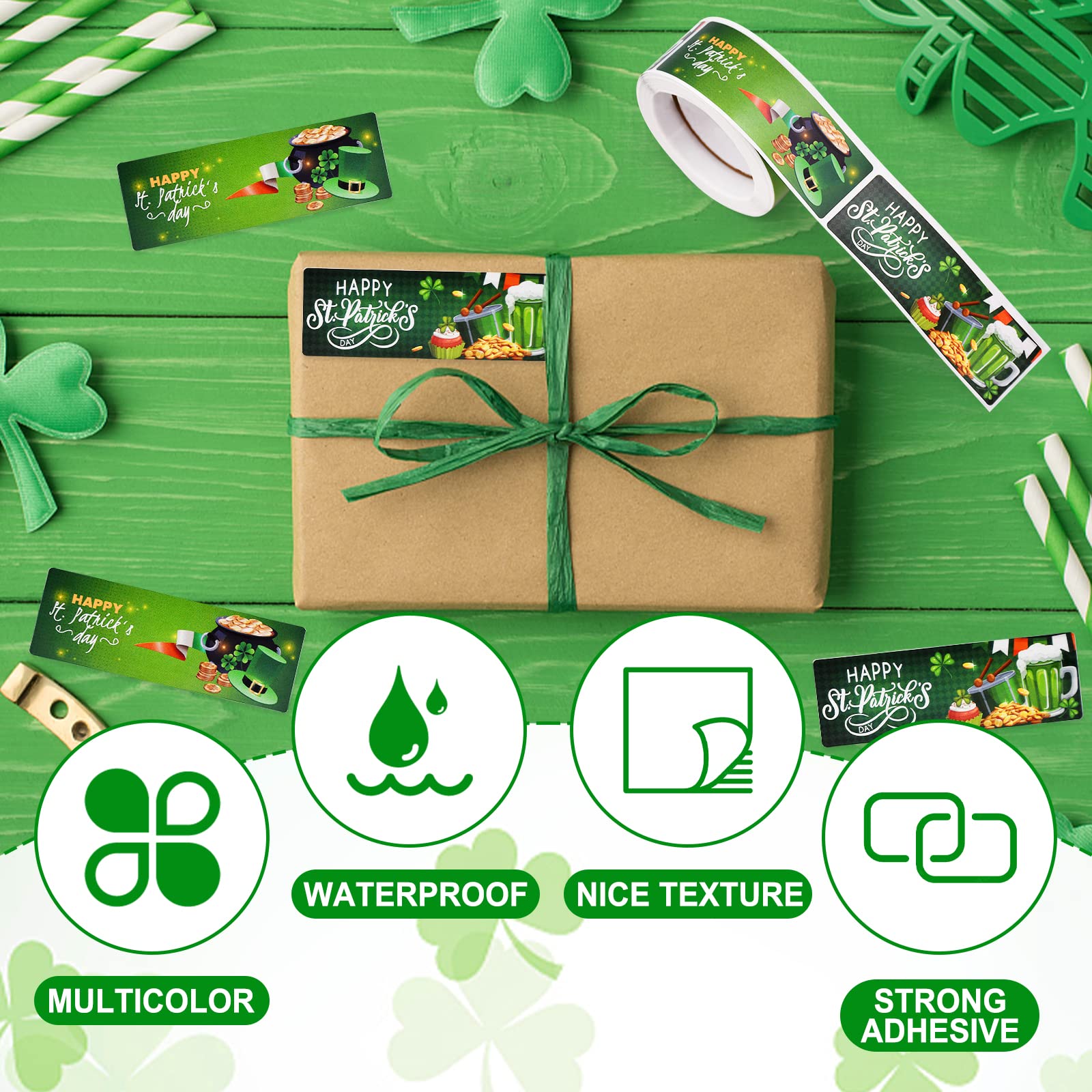 240 Pieces St Patrick's Day Stickers Roll - 2 Patterns 1 Inch Rectangle Green Lucky Stickers for Kids, Irish Self Adhesive Tag Seals Labels for St. Patrick's Day Party Bags Boxes Wrap Cards Bottles Decor