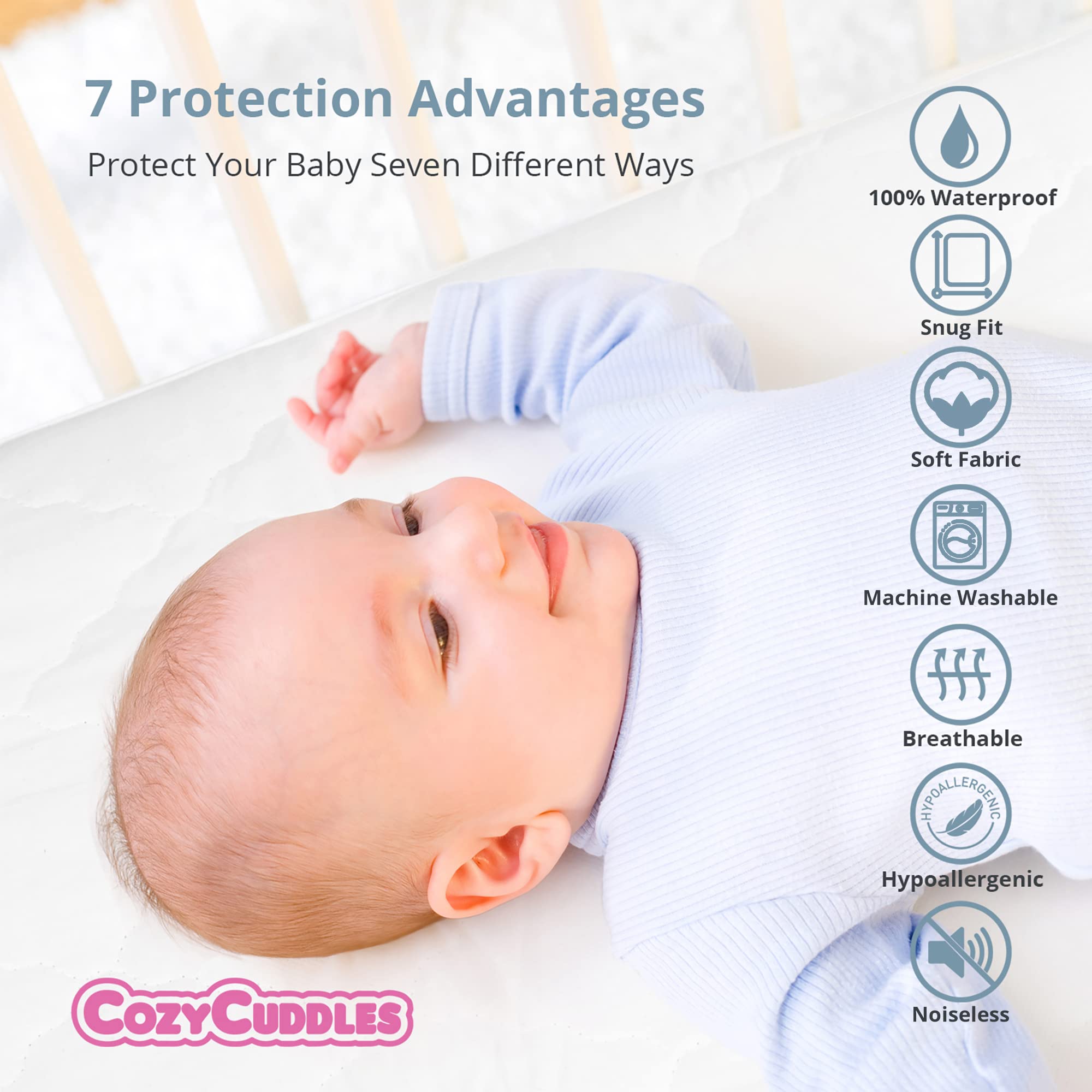 COZYCUDDLES Premium Zippered Quilted Waterproof Crib Protector Cover - All 6-Sides Waterproof Fully Encasement - Standard Baby Crib Toddler Bedding (52" x 28"), White, CC-01